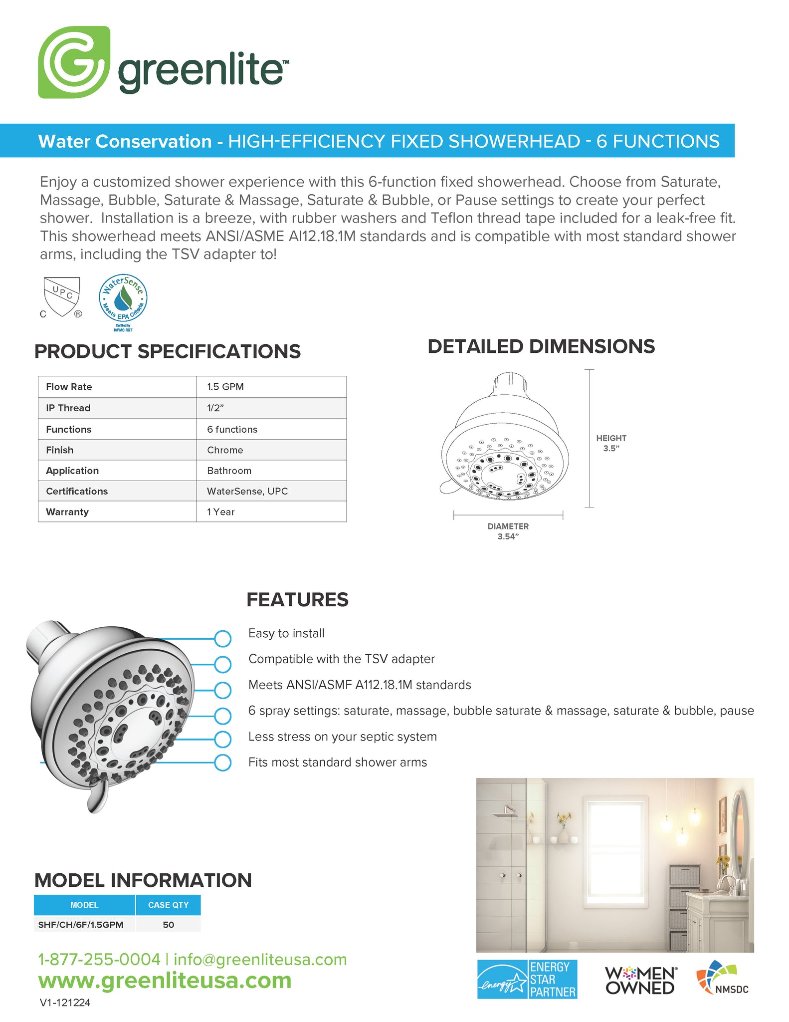 High-Efficiency Fixed Chrome Showerhead – 1.5GPM – 6 Spray Settings ...